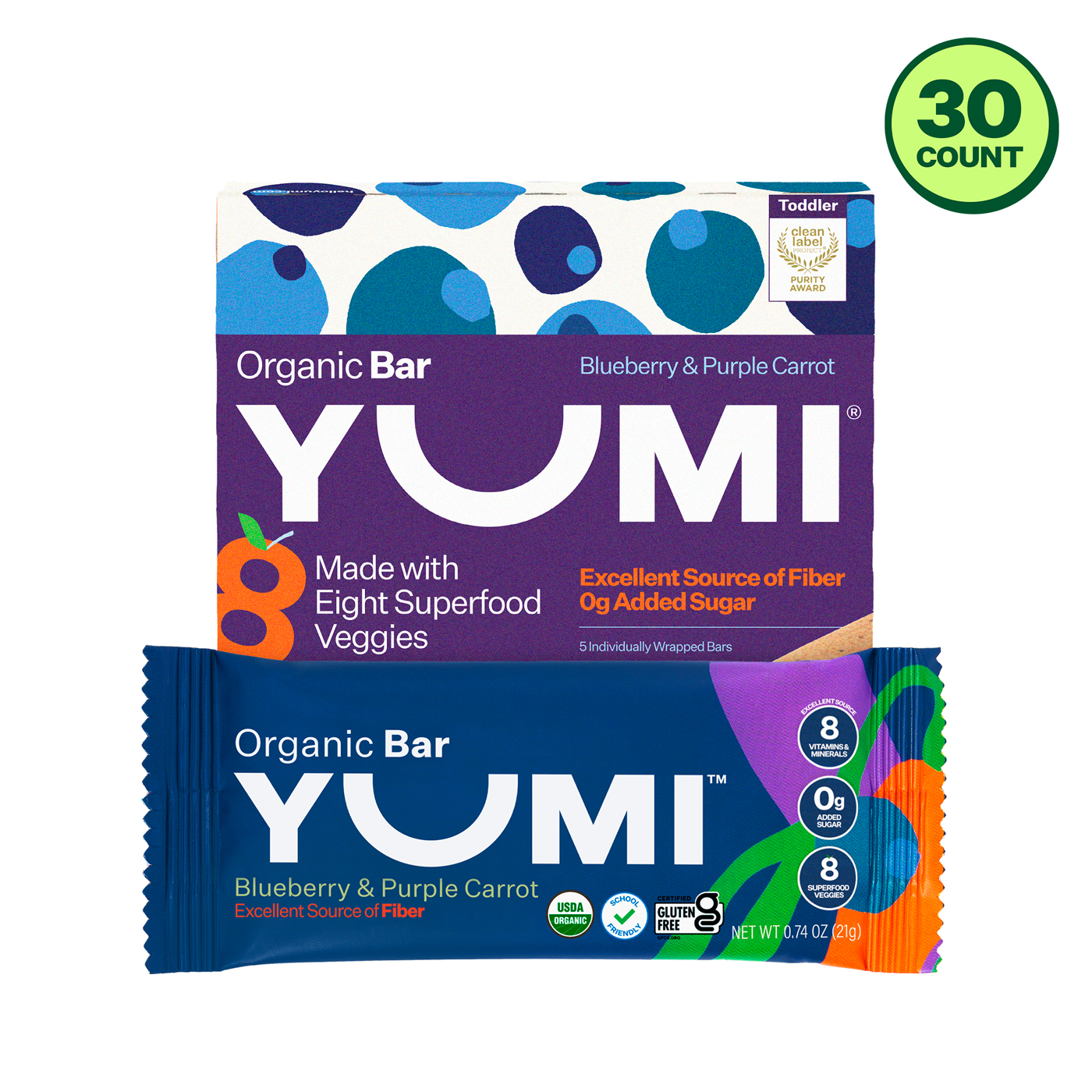 YUMI Organic Bar Bundle - Blueberry & Purple Carrot - 30 Count - YUMI