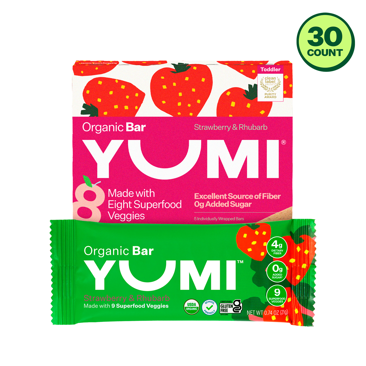 YUMI Organic Bar Bundle - Strawberry & Rhubarb - 30 Count - YUMI